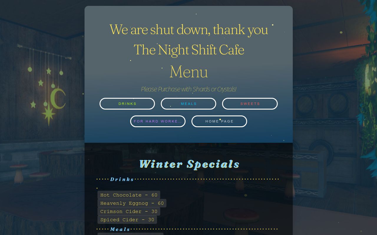 The Night Shift Cafe Menu